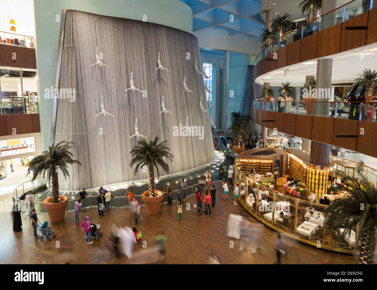 View of interior of Dubai Mall with waterfall feature in United Arab ...