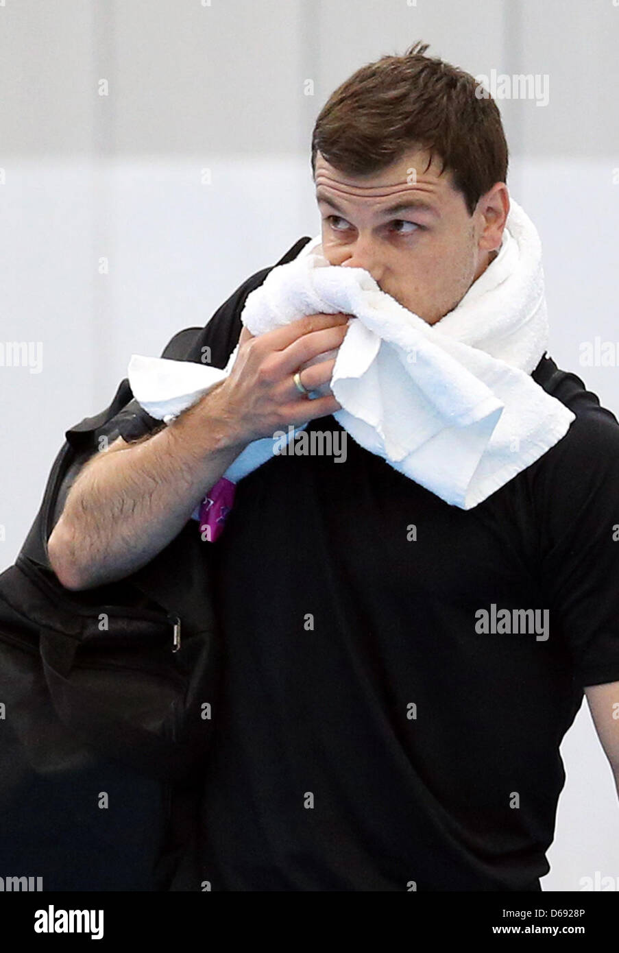 German table tennis player Timo Boll reacts after a trainings session ...