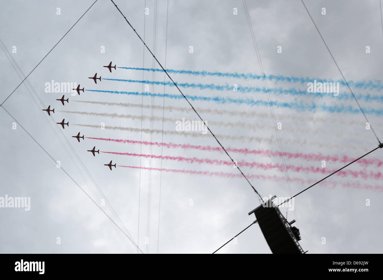 Jet fighter fly over the Olympic stadium during the Opening Ceremony in ...