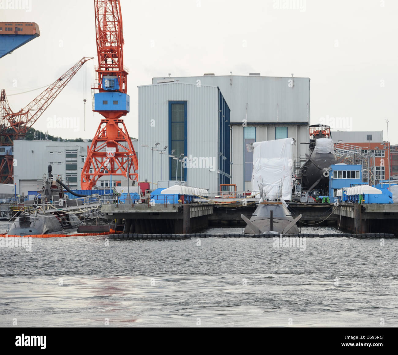 View of three submarines at the premises of the shipyard Howaldtswerke ...