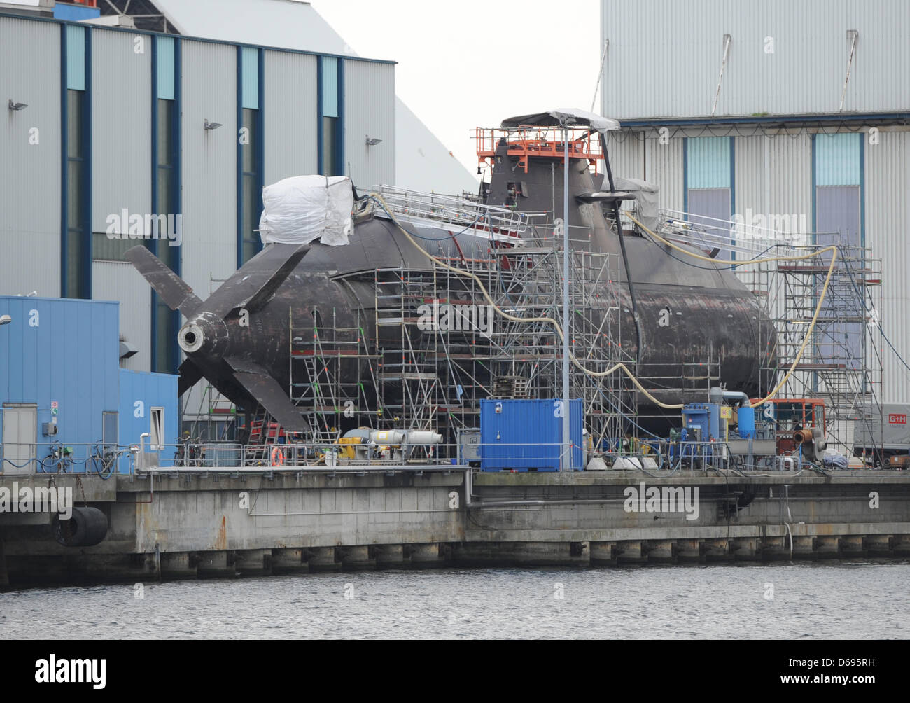 View of a submarine at the premises of the shipyard Howaldtswerke-Deutsche Werft (HDW) in Kiel ...