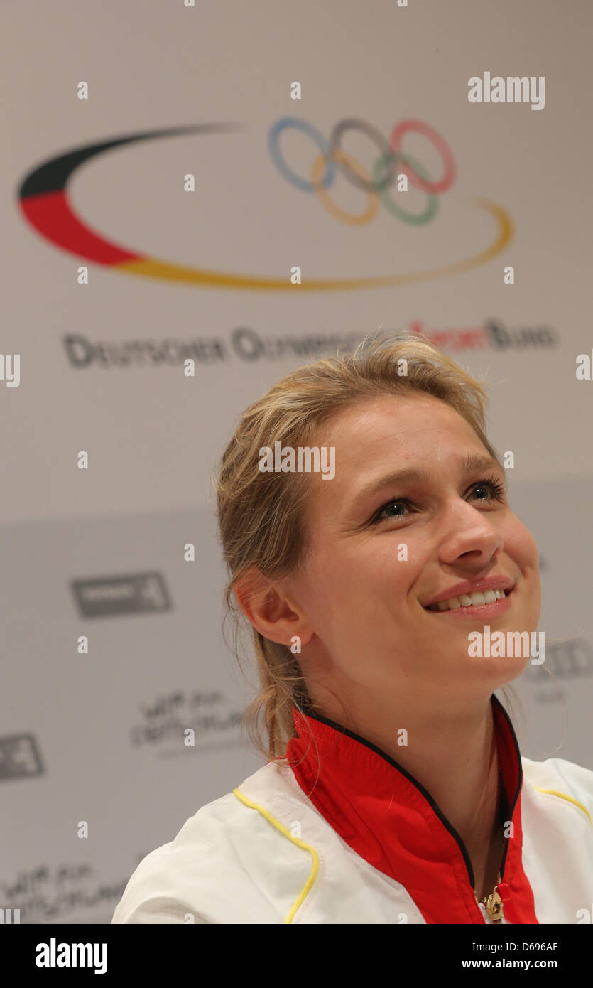 Epee fencer Britta Heidemann of Germany speaks during a press ...