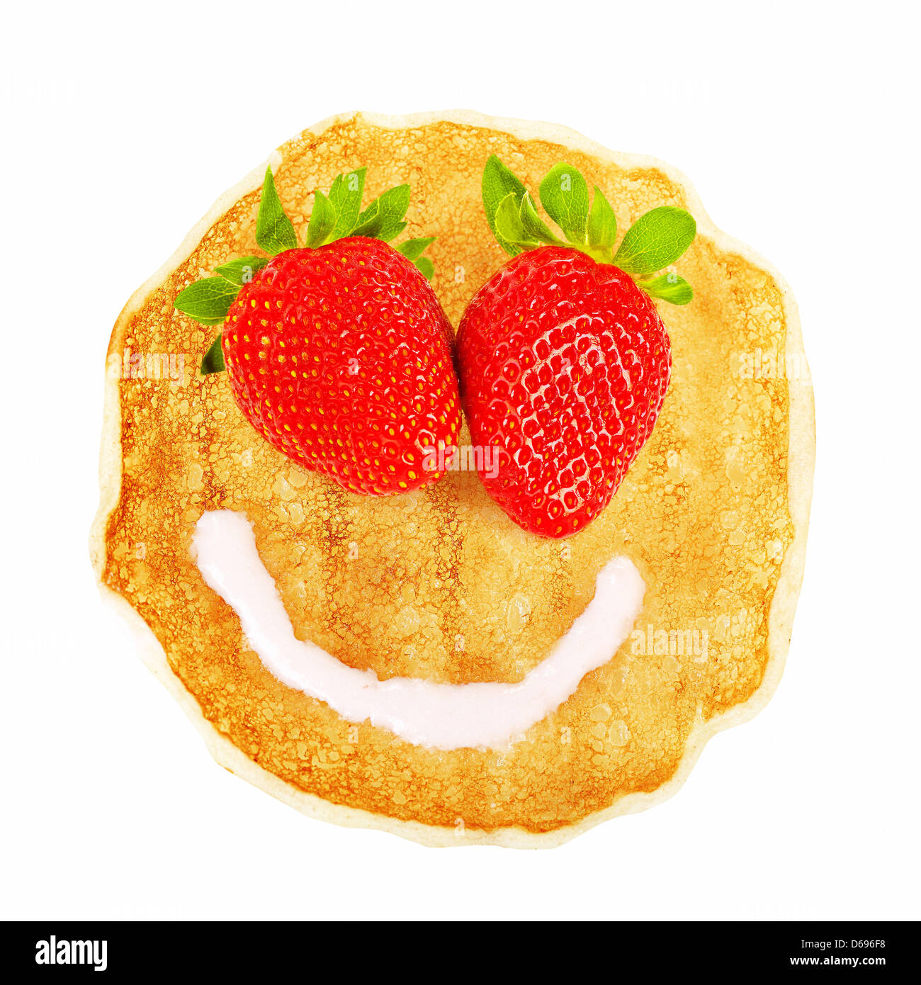 Tasty fried pancake with beautiful smiley face isolated on white ...