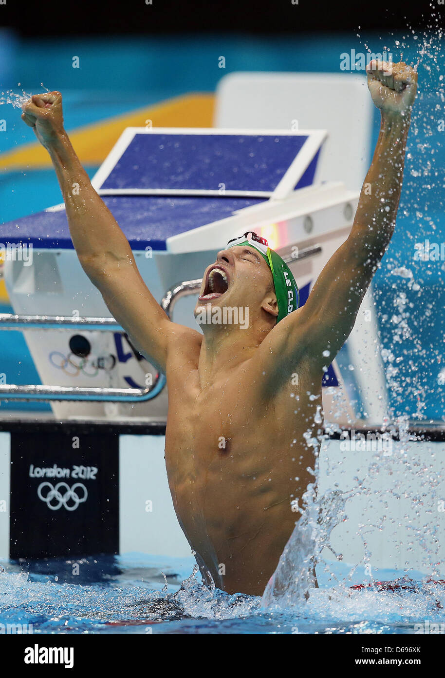 Chad le Clos of South Africa celebrates after winning the gold medal in ...