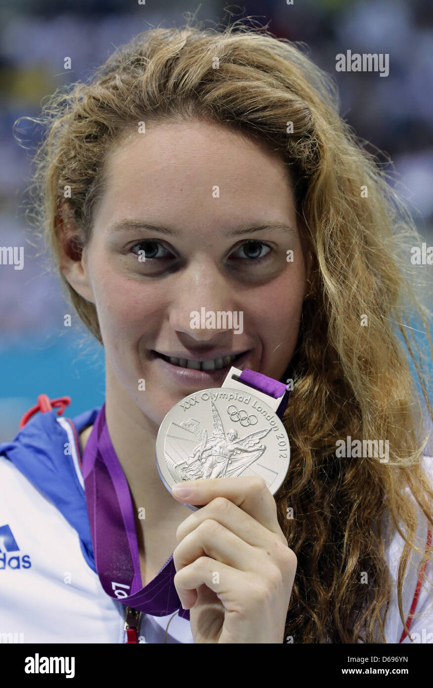 Camille Muffat of the France shows her silver medal after the Woman's ...