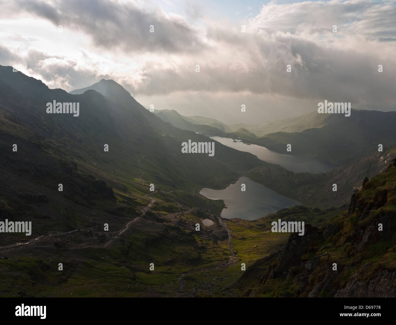 Sunrise view across Cwm Dyli to Crib Goch and the lakes of Glaslyn and ...