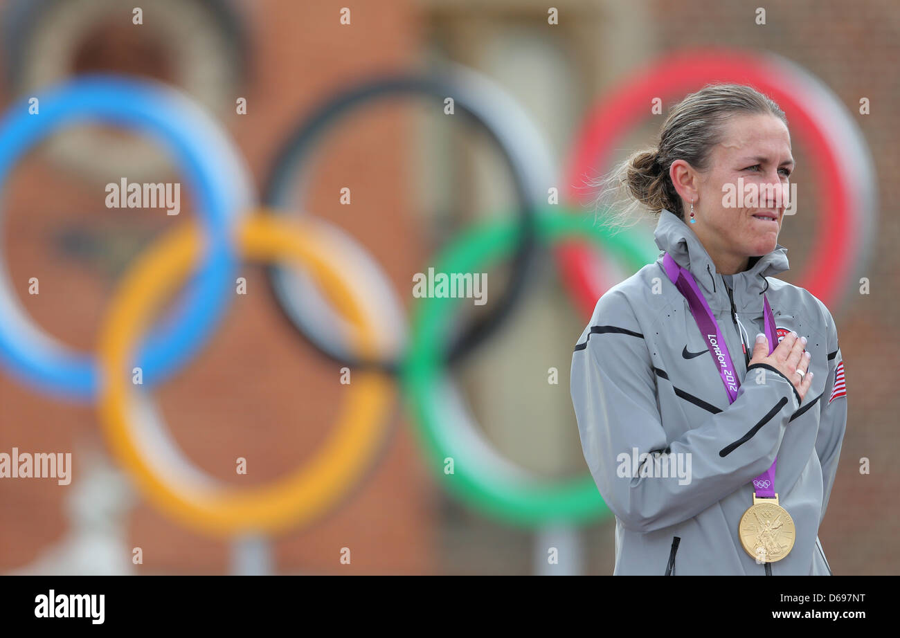 Gold medalist Kristin Armstrong of the USA celebrates on the podium ...