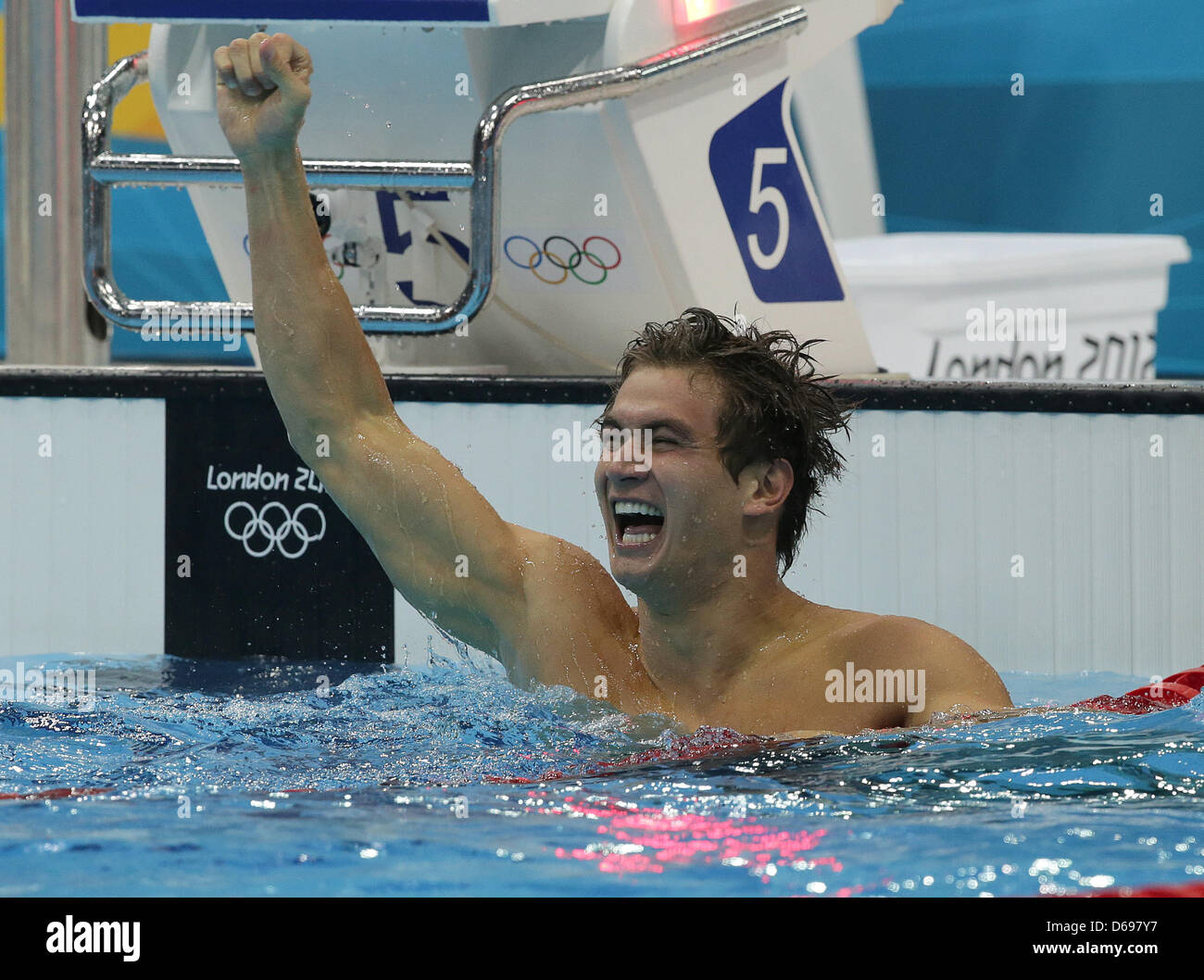 Gold medalist Nathan Adrian of the USA celebrates after the men's 100m ...