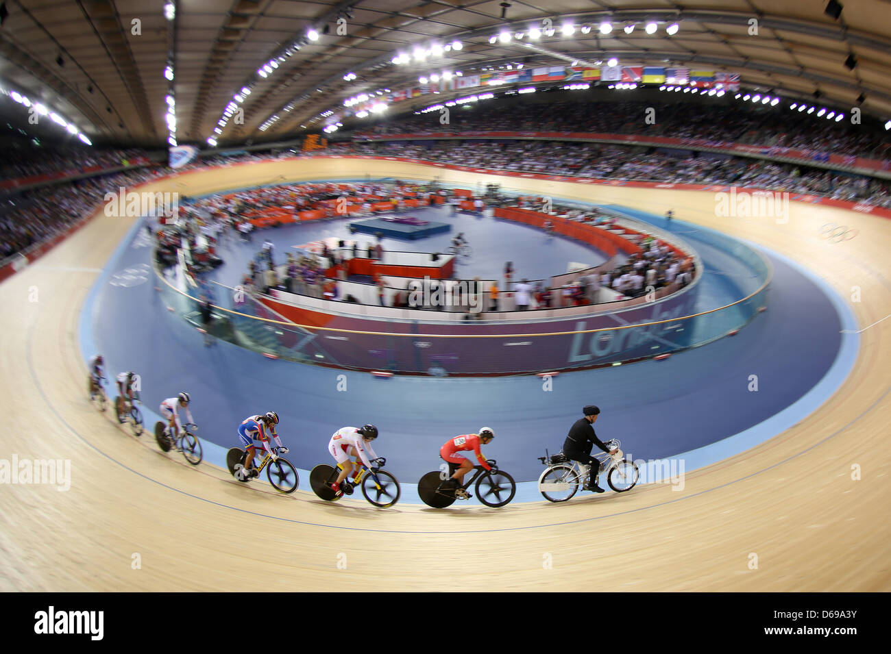 A general view of cyclists competing in the Women's Keirin Track ...