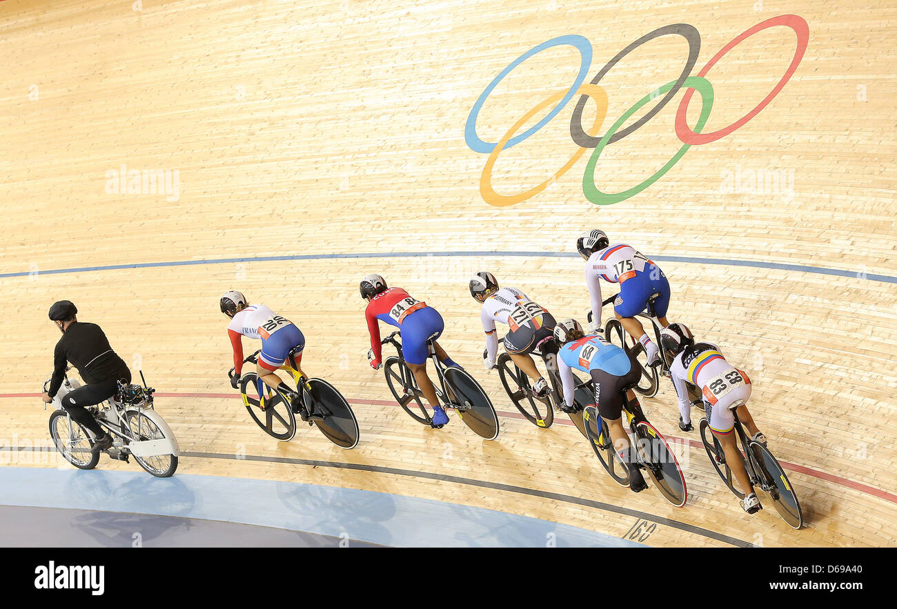 A general view of cyclists competing in the Women's Keirin Track ...
