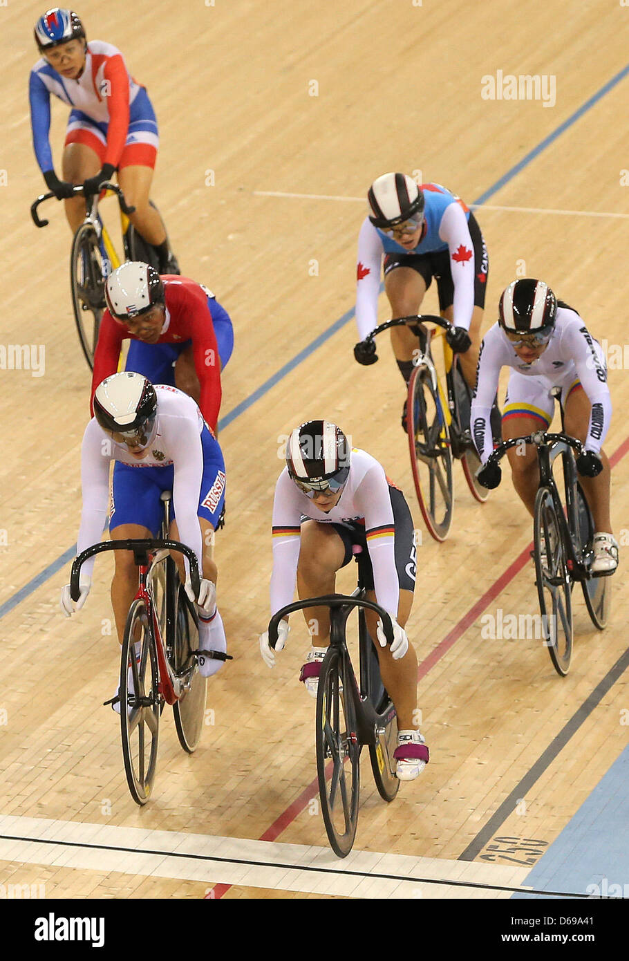 A general view of cyclists competing in the Women's Keirin Track ...