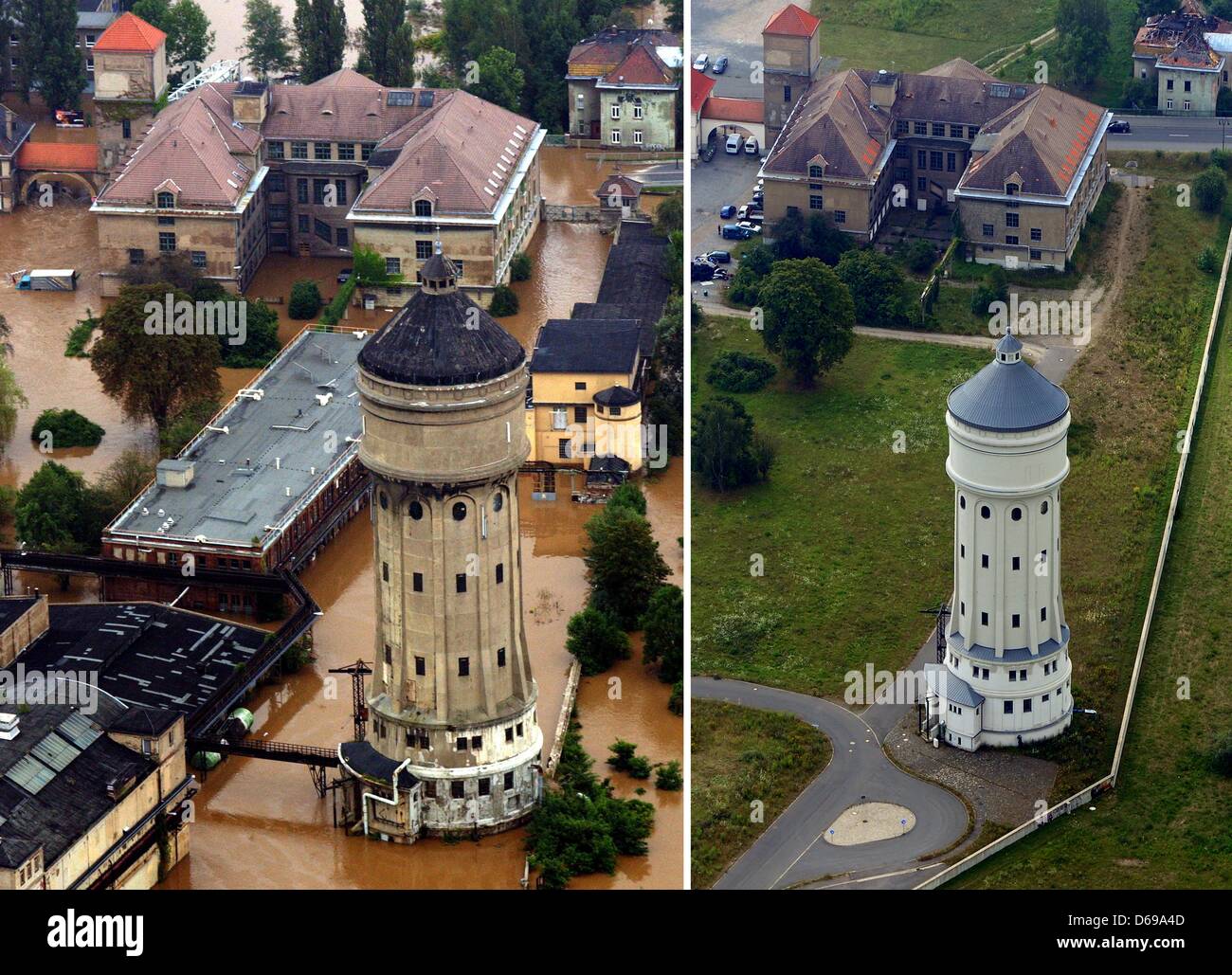 A combo picture shows the water tower of Eilenburg, Germany on 14 ...