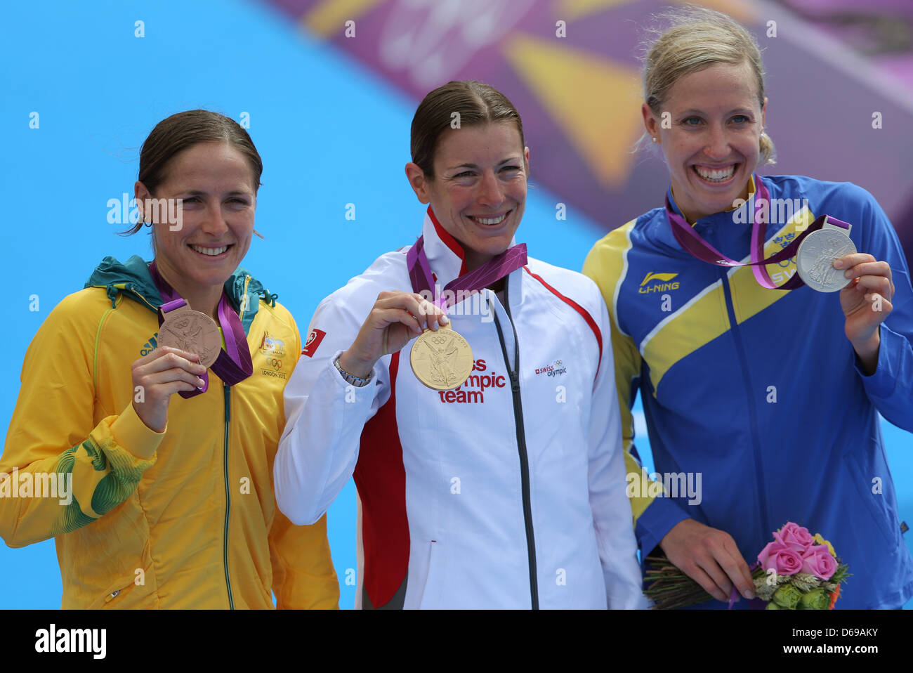 Silver medalist Sweden's Lisa Norden (L-R), gold medalist Switzerland's ...
