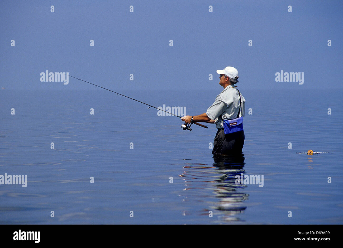 Man wading and fishing for speckled trout and redfish in the bay near ...