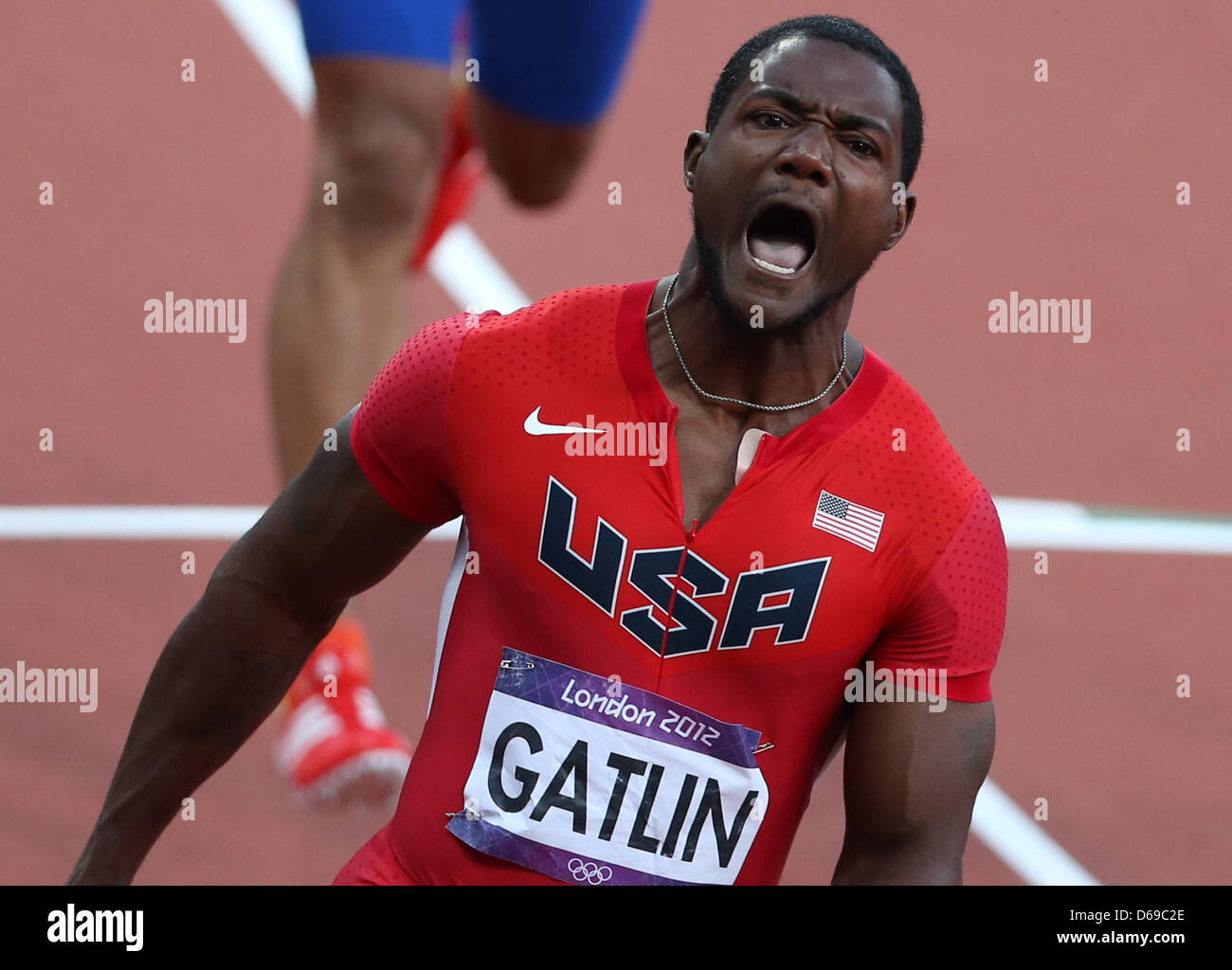Justin Gatlin of USA reacts after the Men's 100m semifinal during the ...