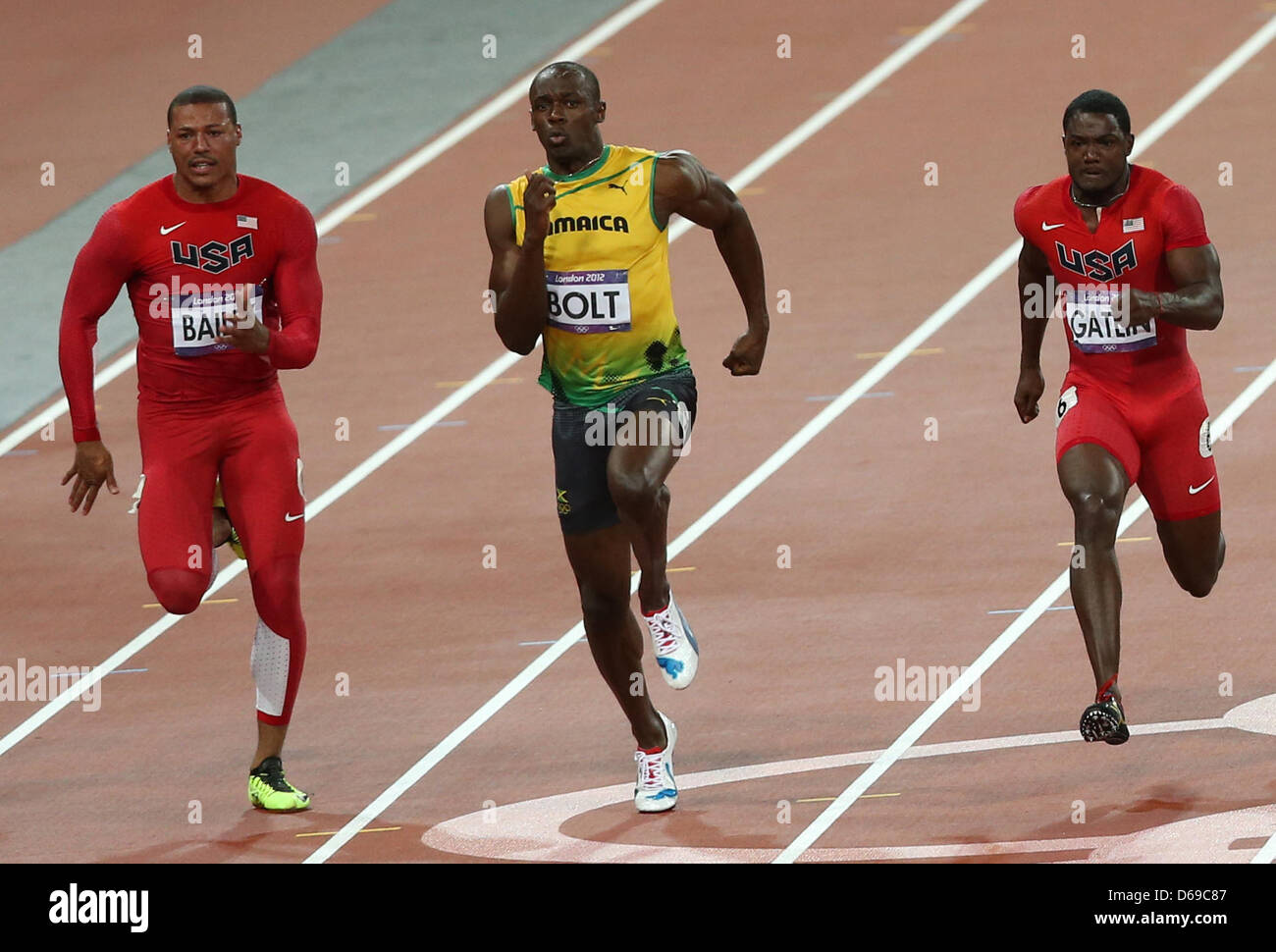 Jamaica's Usain Bolt (C), Ryan Bailey and Justin Gatlin of USA compete ...