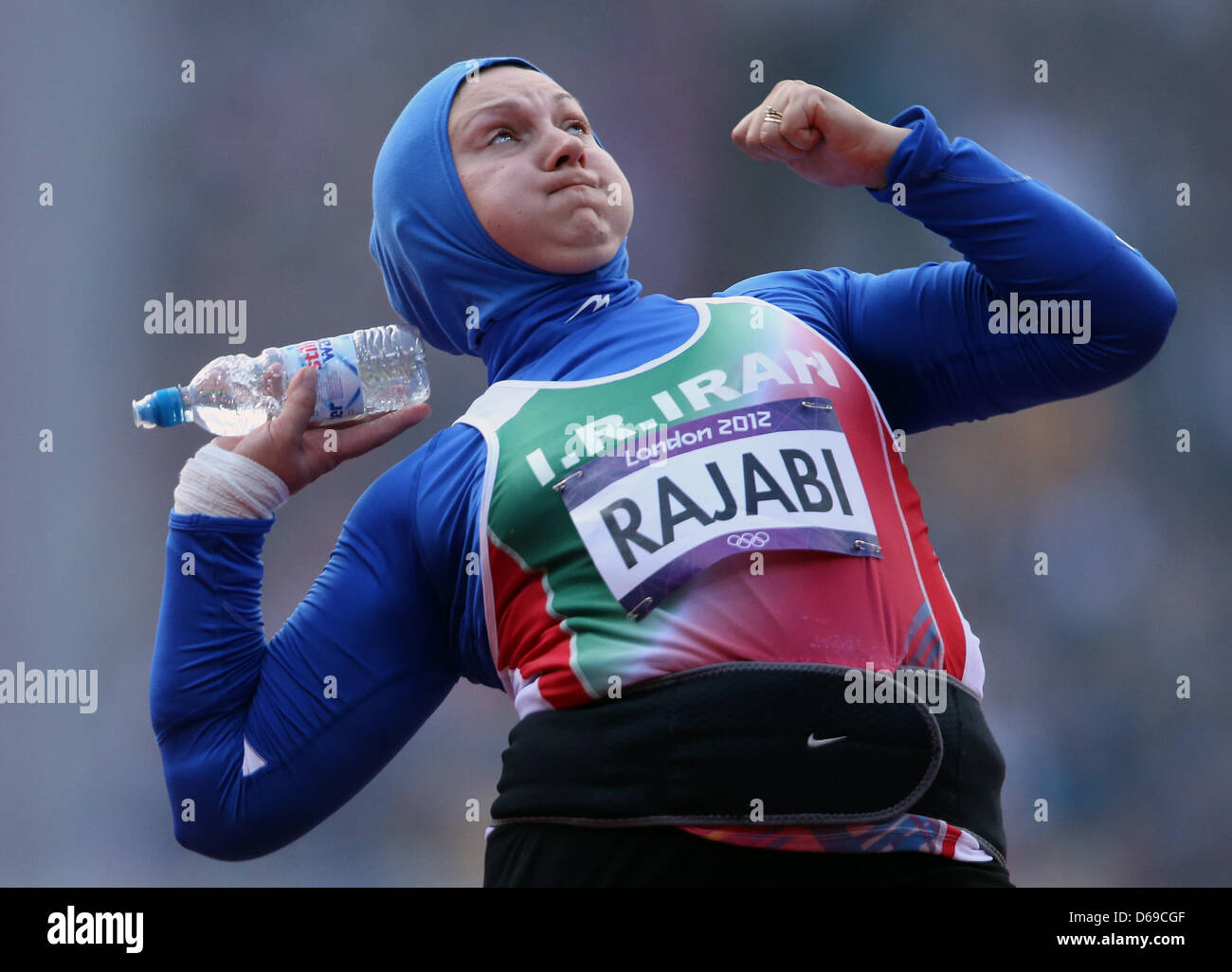 Leyla Rajabi of Iran practice with a bottle during the Shot Put ...