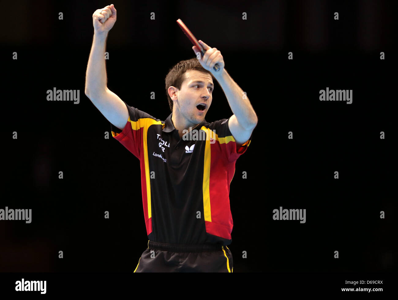 Germany's Timo Boll celebrates after winning against Zhang of China ...