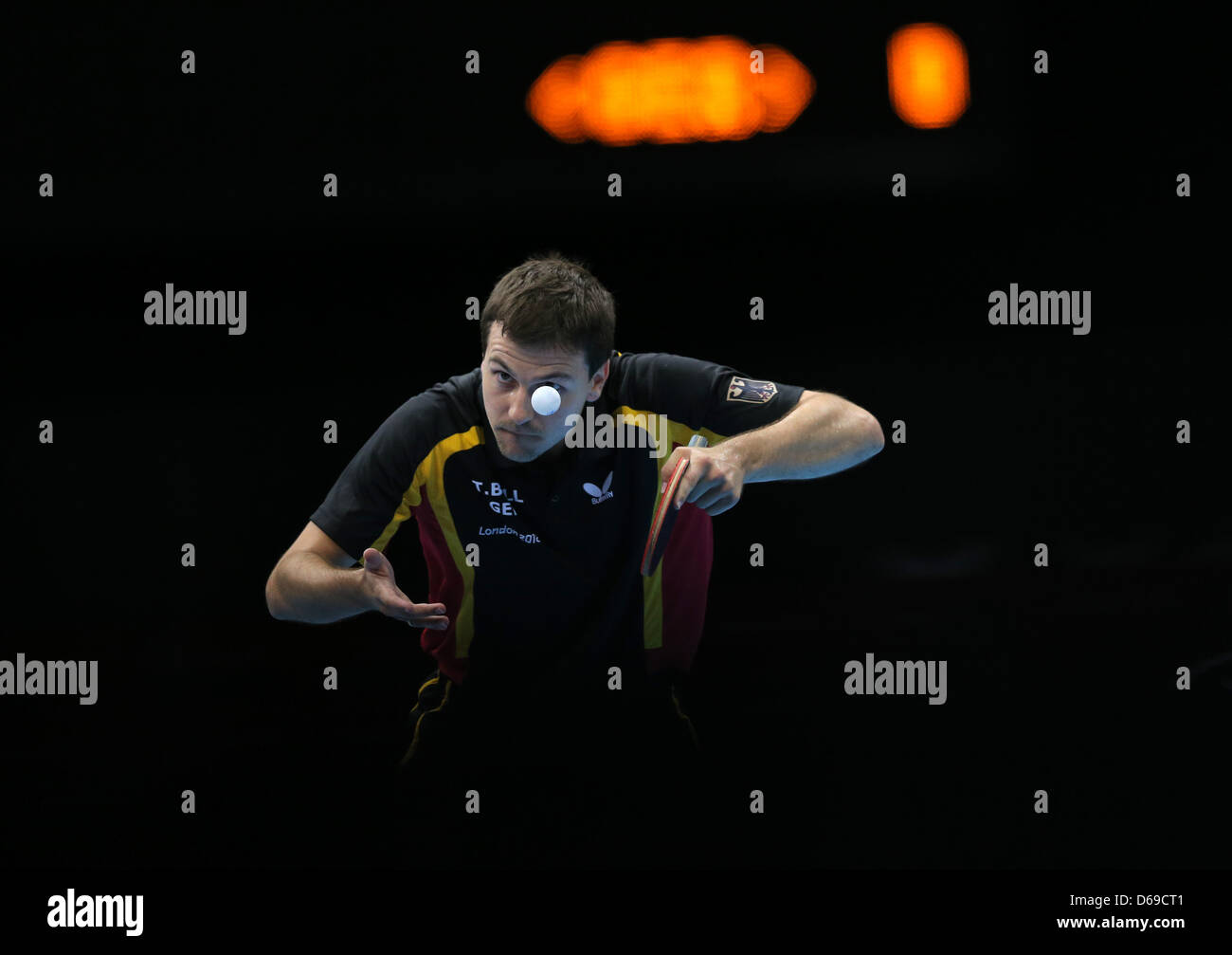 Germany's Timo Boll in action during the game against Zhang of China ...