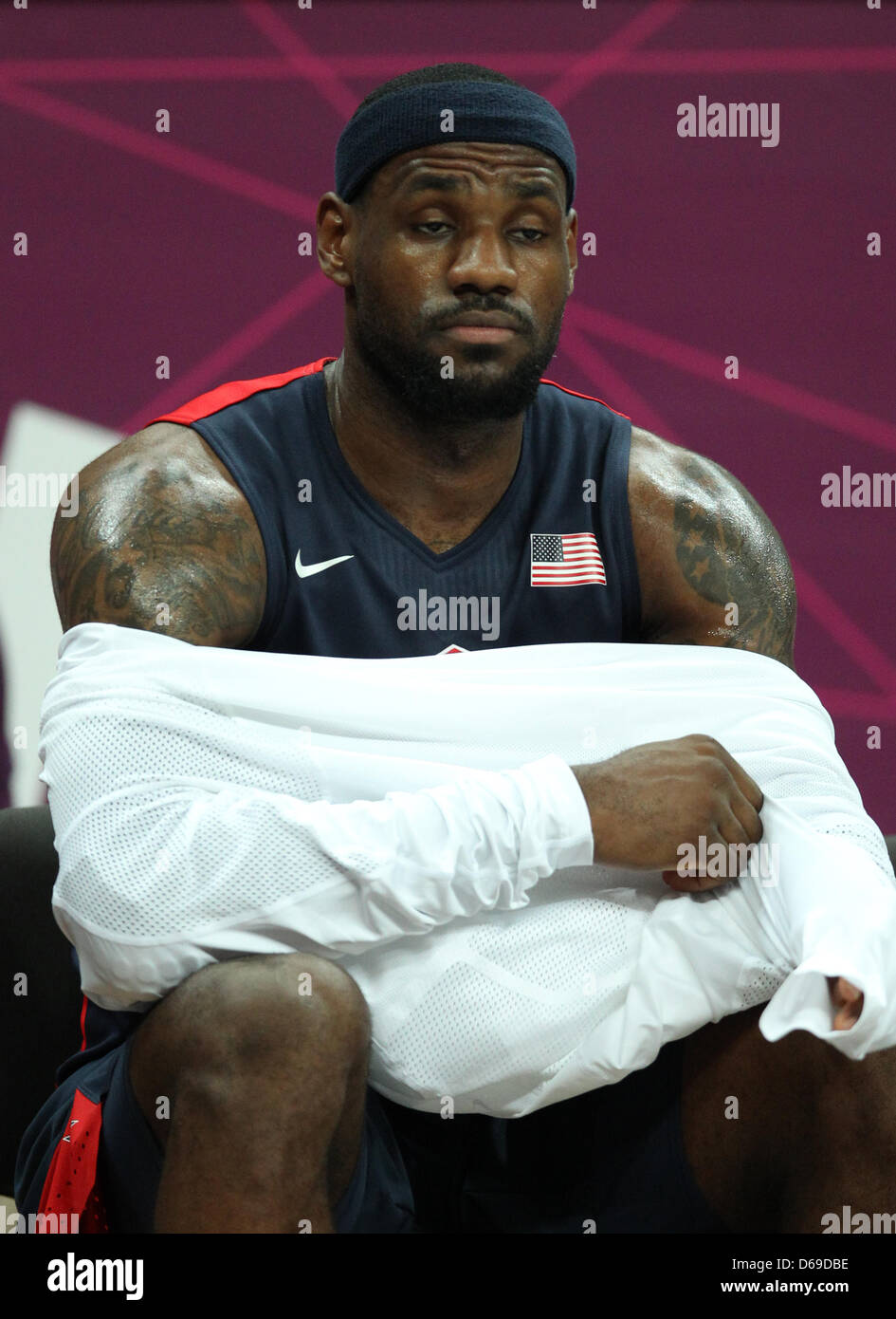 LeBron James of the United States sits on the bench during Men's ...
