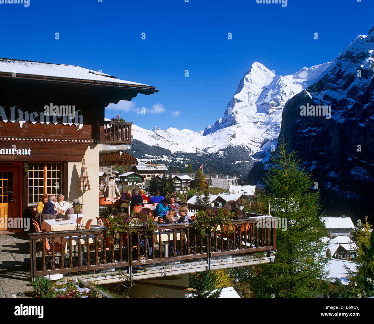 Outdoor cafe with the Eiger in background at Murren, Switzerland Stock ...
