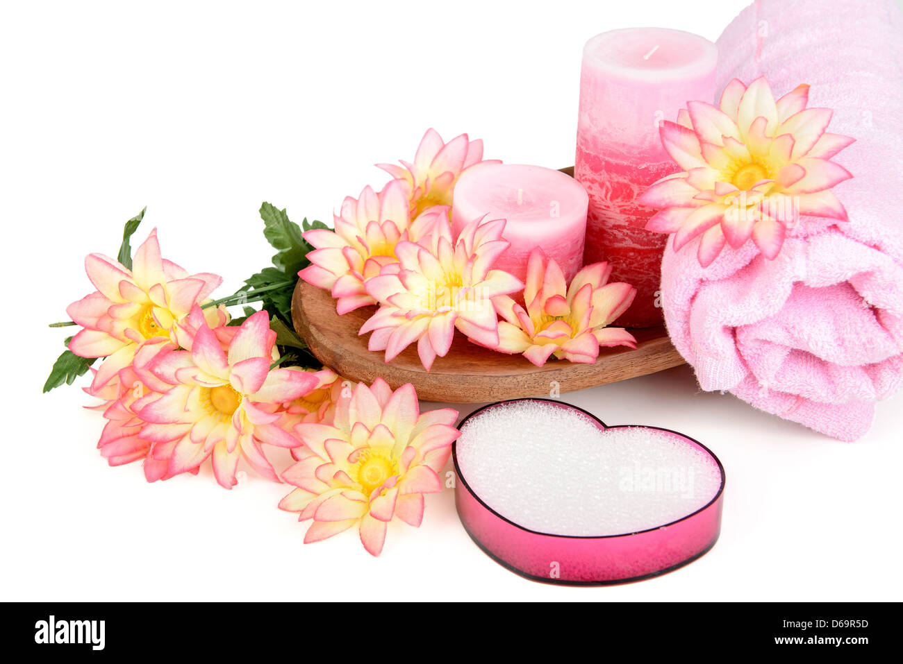 Spa setting in pink tone isolated in white Stock Photo - Alamy