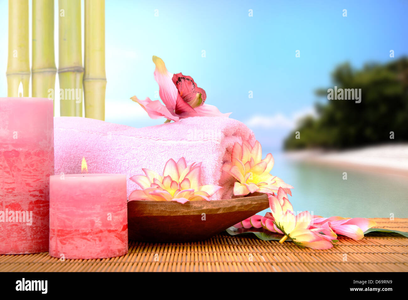 Spa setting in pink tone in a tropical resort Stock Photo - Alamy