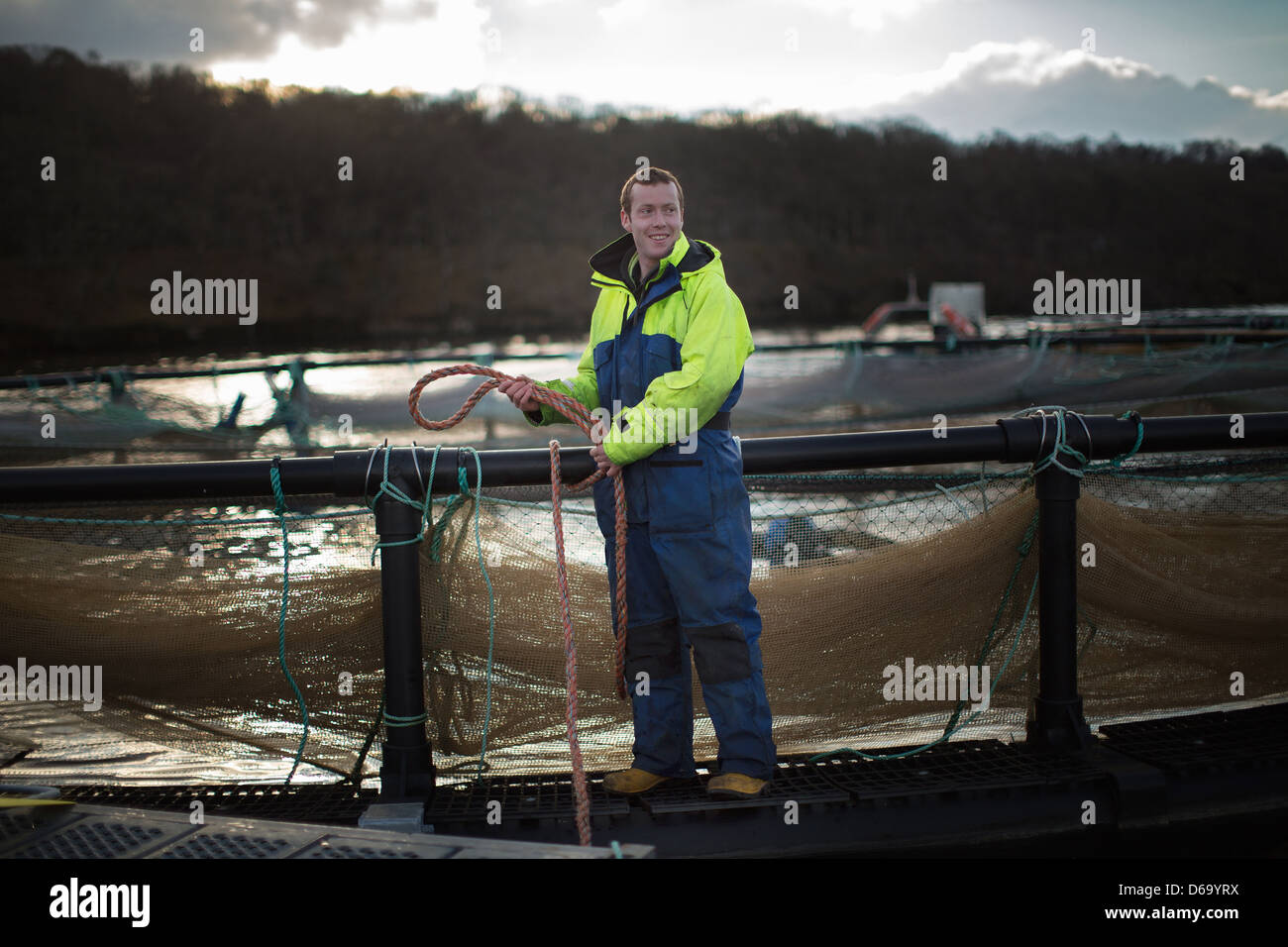Worker at salmon farm in rural lake Stock Photo - Alamy