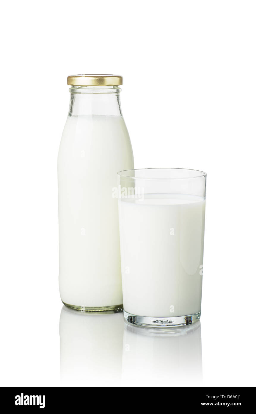 full milk bottle and a glass of milk Stock Photo - Alamy