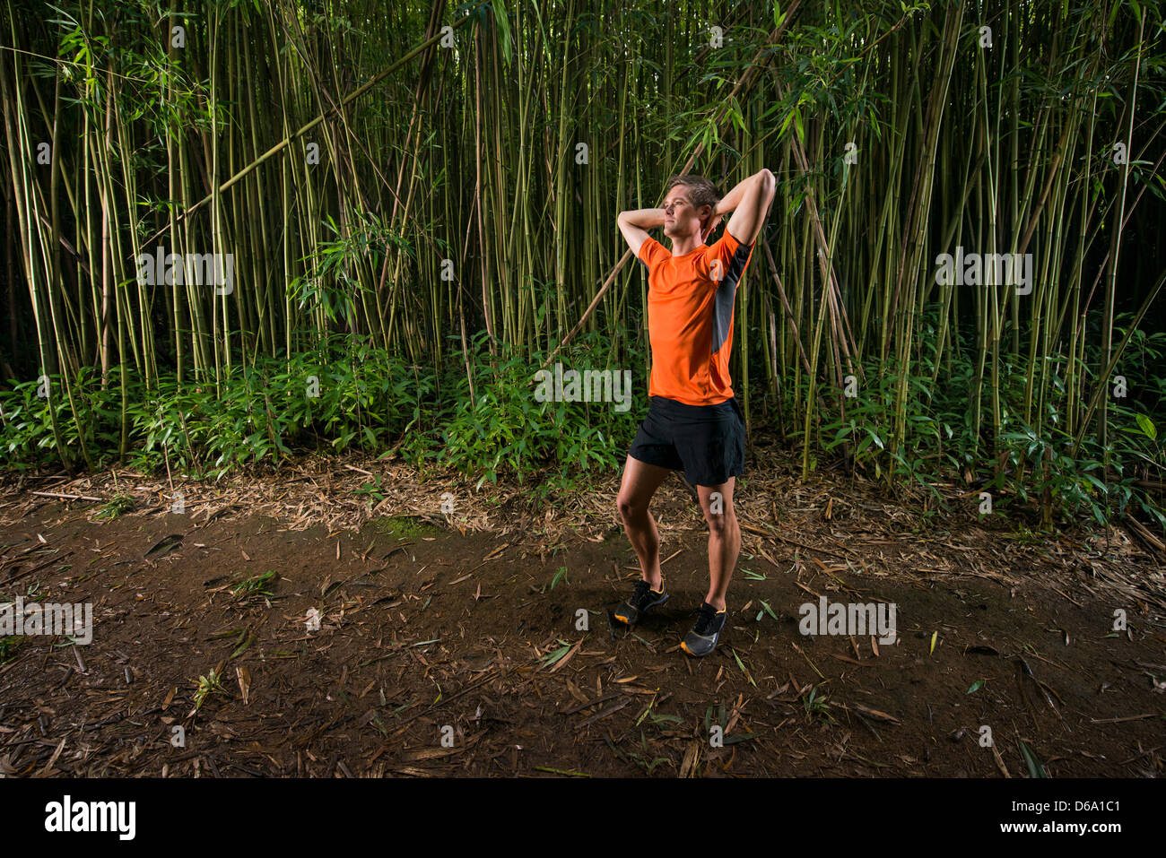 Runner standing in bamboo forest Stock Photo - Alamy