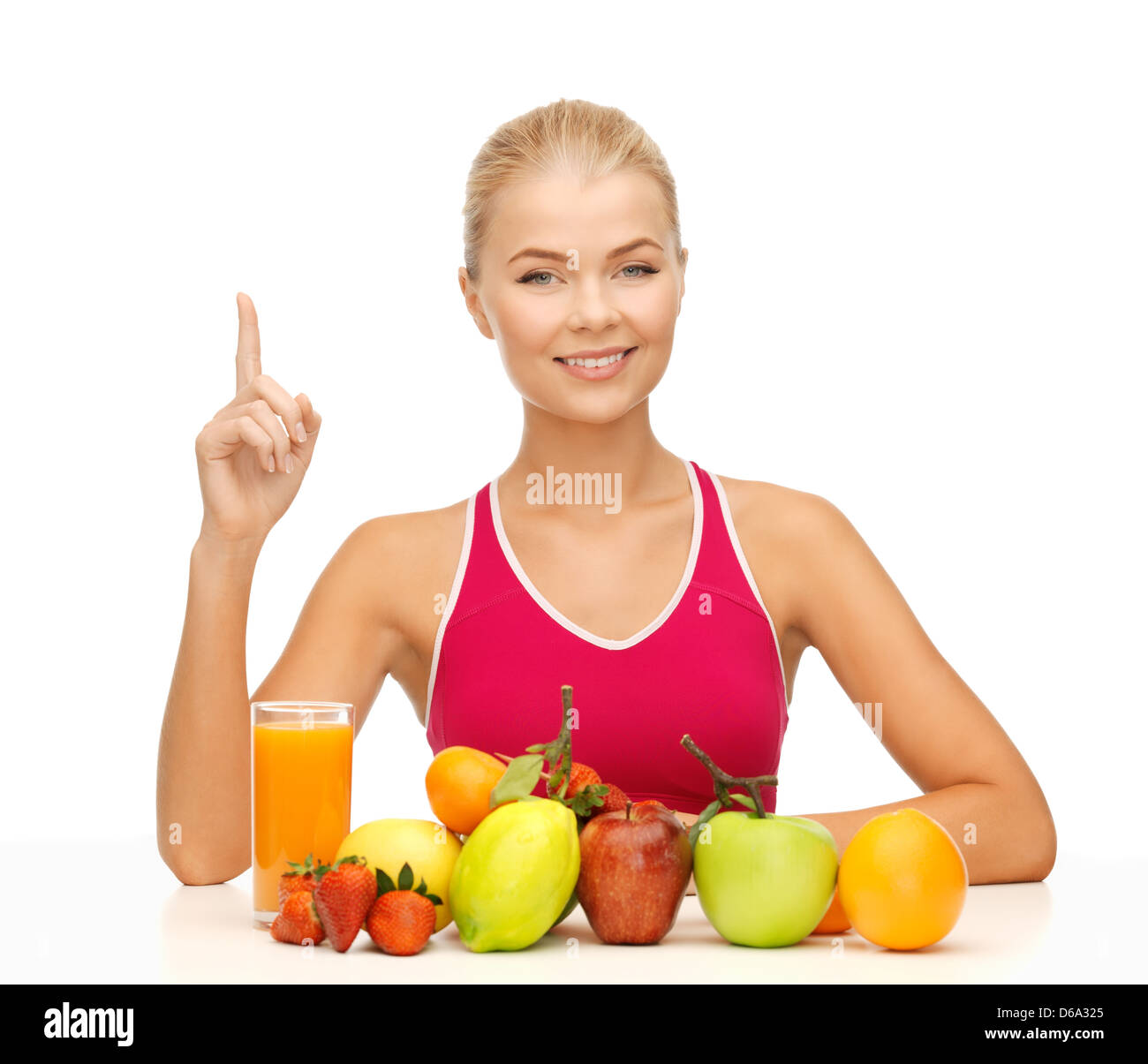 woman with juice and fruits holding finger up Stock Photo - Alamy
