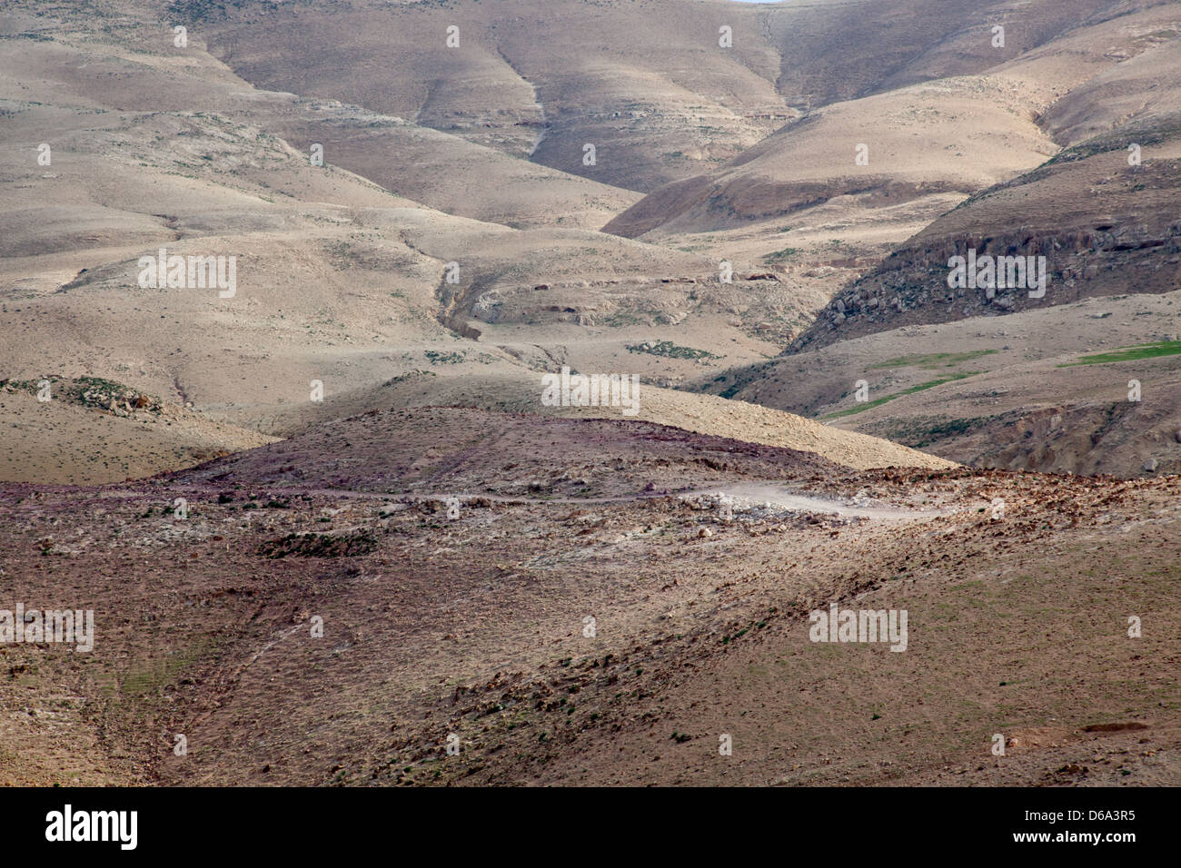 Dry and barren desert from Jordan, with hills and valleys and little ...