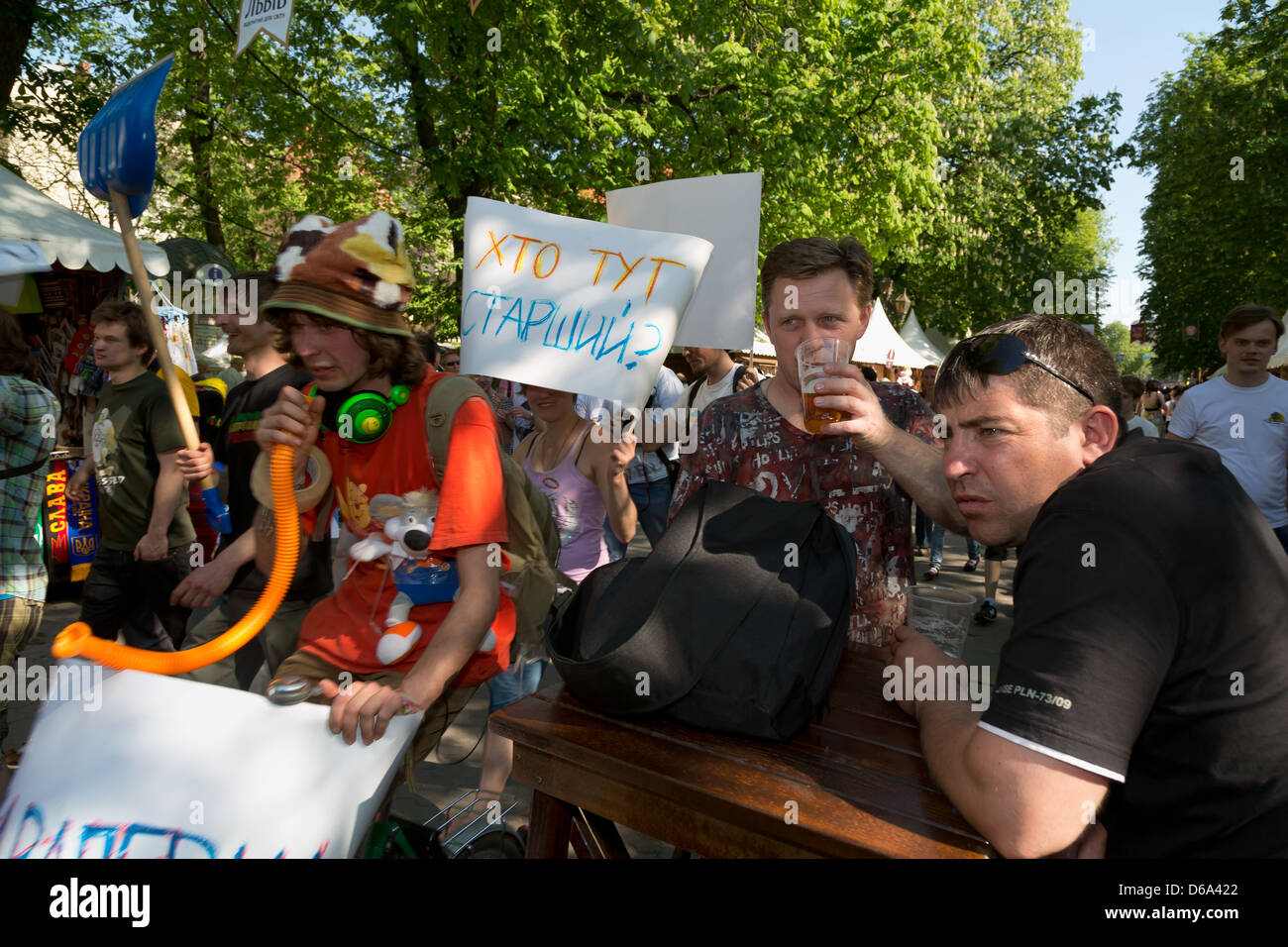 Lviv, Ukraine, young people satirize with absurd nonsense slogans ...