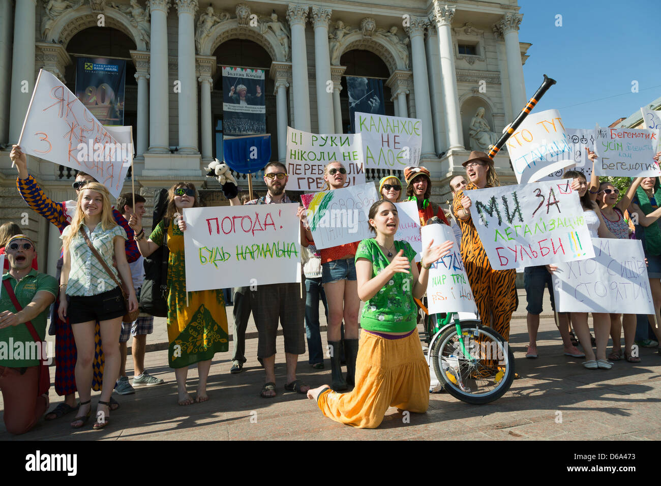 Lviv, Ukraine, young people satirize with absurd nonsense slogans ...