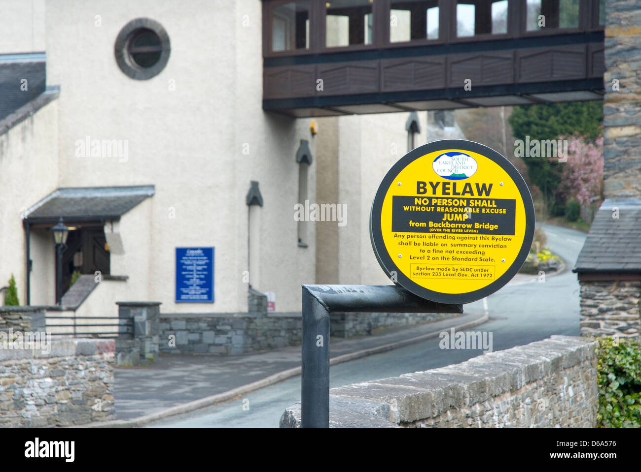Sign warning people not to jump off Backbarrow Bridge, in the village ...