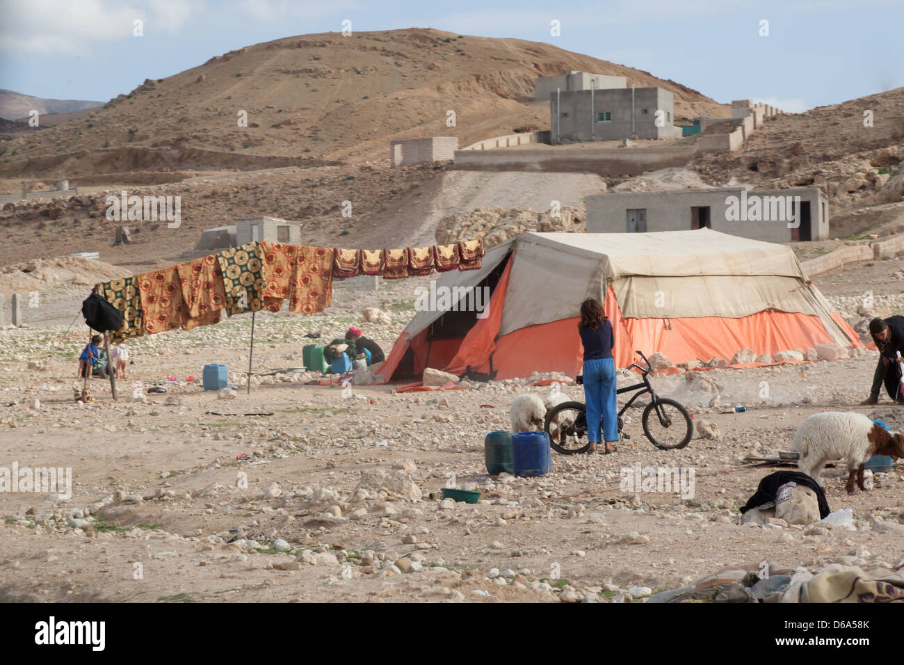 Bedouin tent in the dry desert of Jordan, a dry, inhospitable place to ...