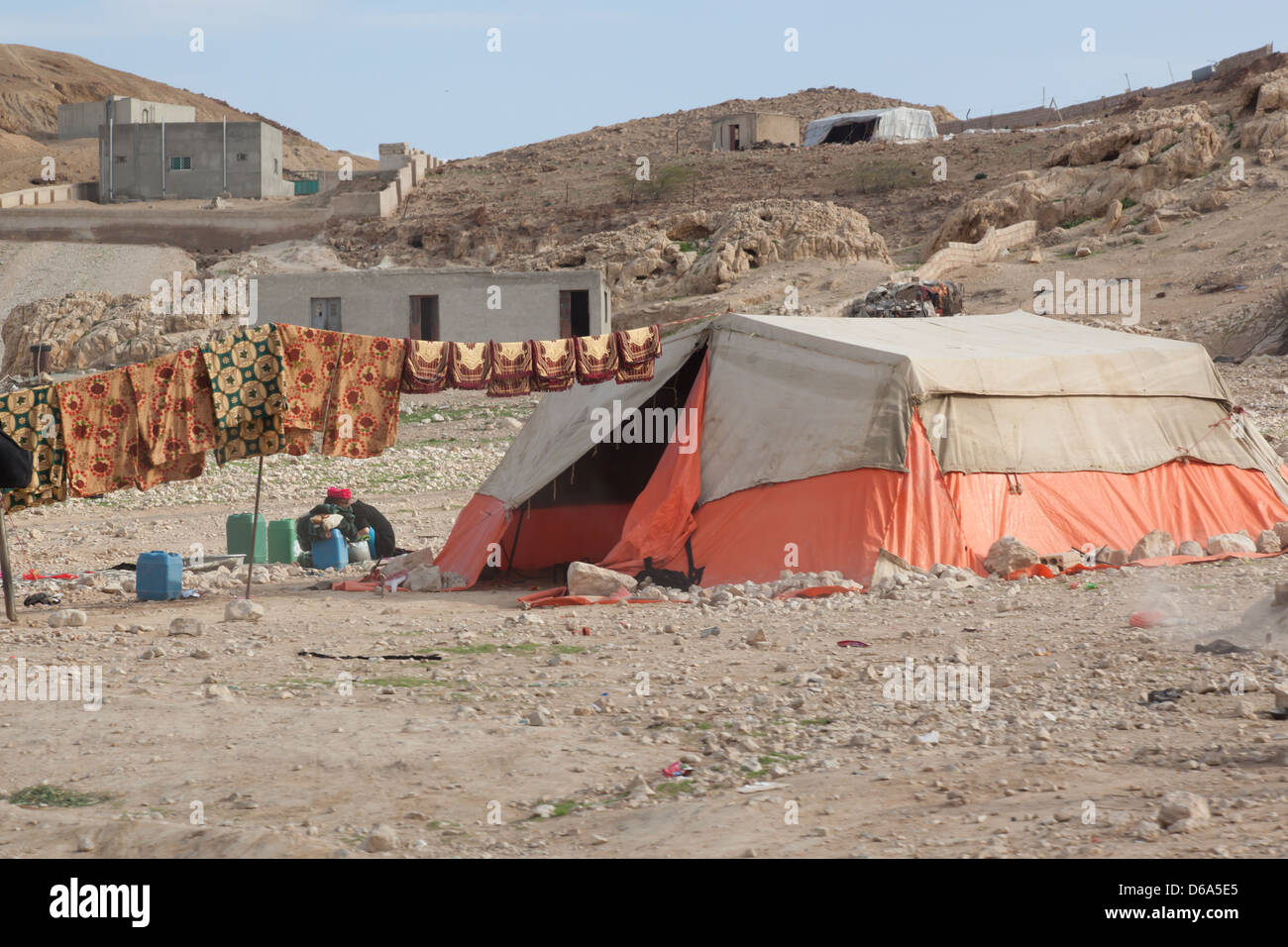 Bedouin tent in the dry desert of Jordan, a dry, inhospitable place to ...