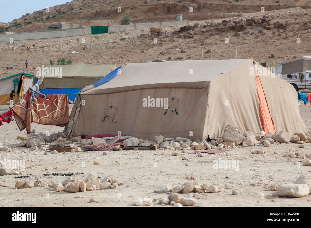 Bedouin tent in the dry desert of Jordan, a dry, inhospitable place to ...