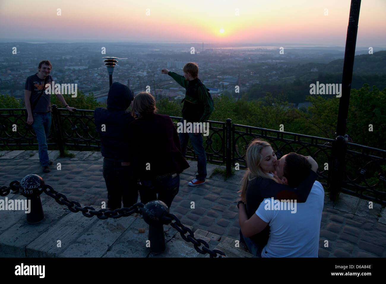 Lviv, Ukraine, young people enjoying the view of Wysokyi Samok at ...