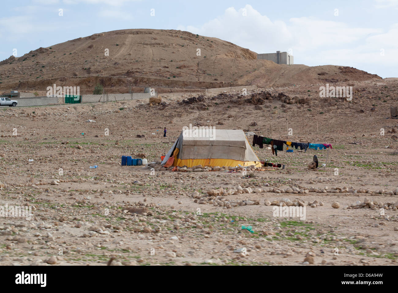 Bedouin tent in the dry desert of Jordan, a dry, inhospitable place to ...