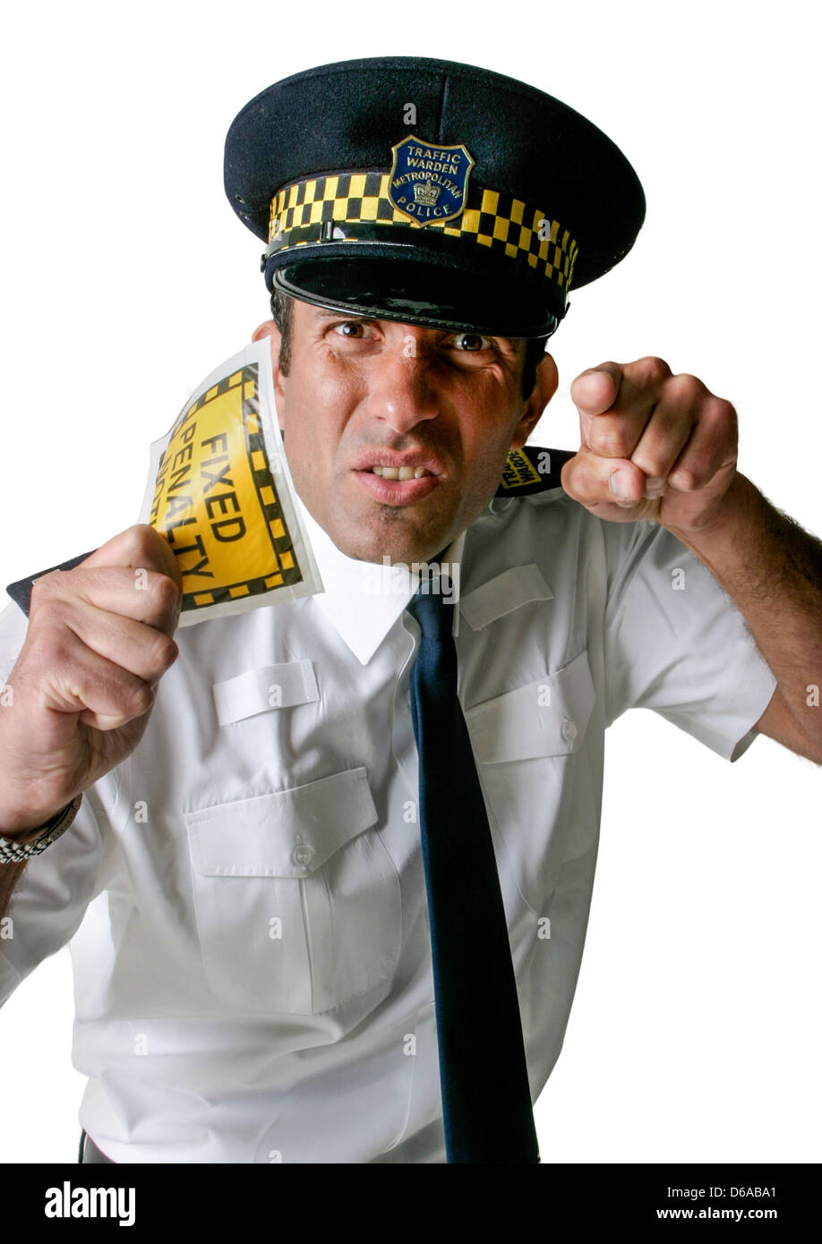 Studio cut out of an aggressive traffic warden Stock Photo - Alamy