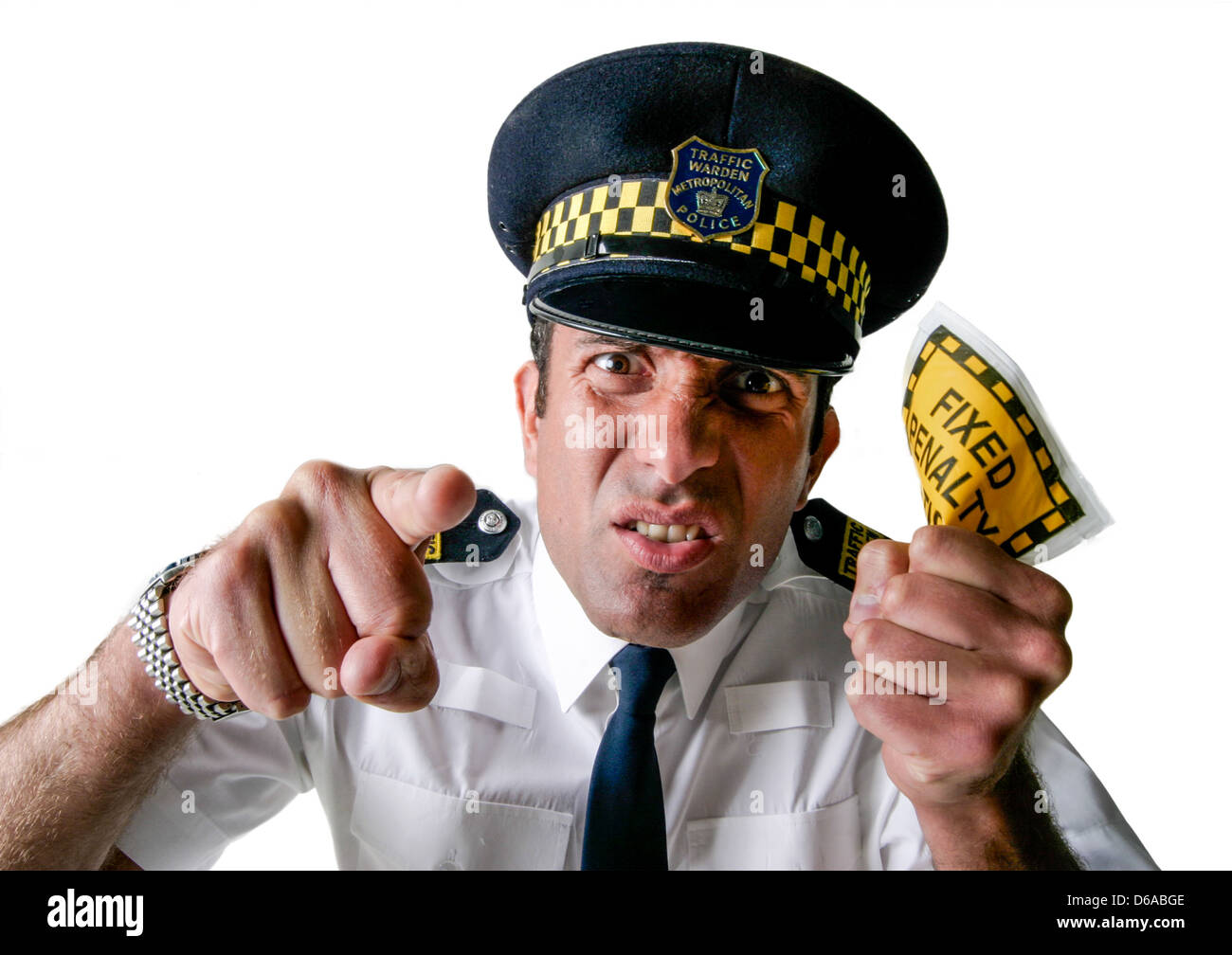 Studio cut-out portrait of an aggressive traffic warden clutching a ...