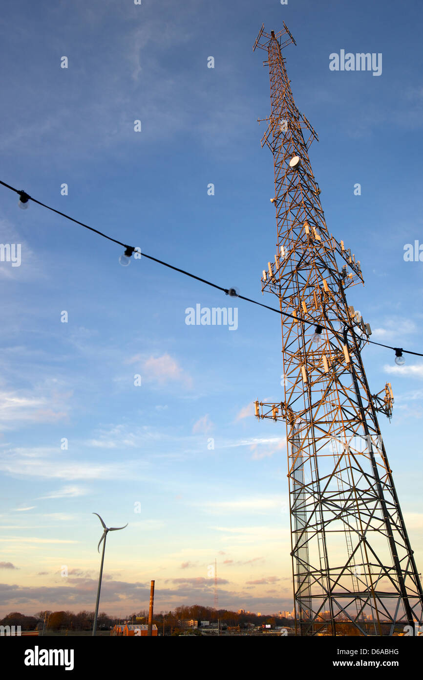 Cellular tower, wind turbine and chimney in Atlanta, Georgia Stock ...