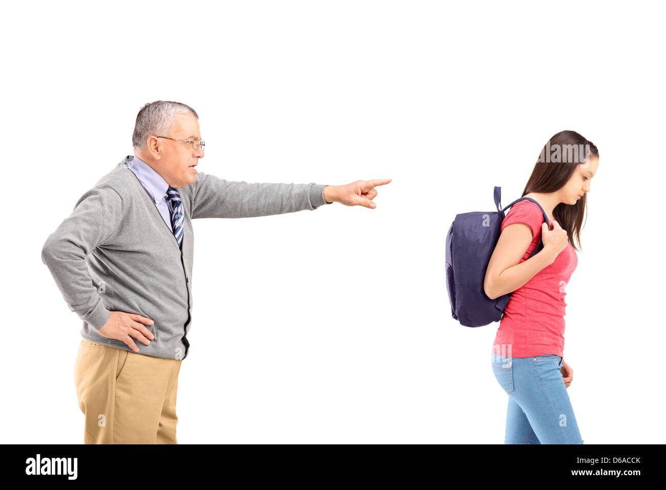 Angry father reprimanding his teenage daughter, isolated on white ...