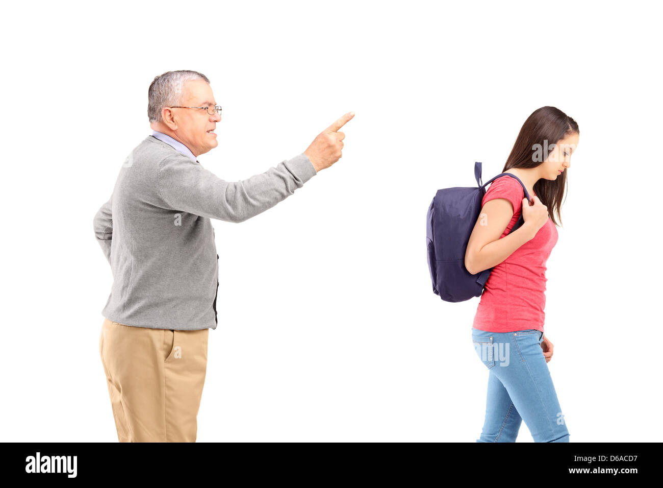 Angry father reprimanding his teenage daughter, isolated on white ...