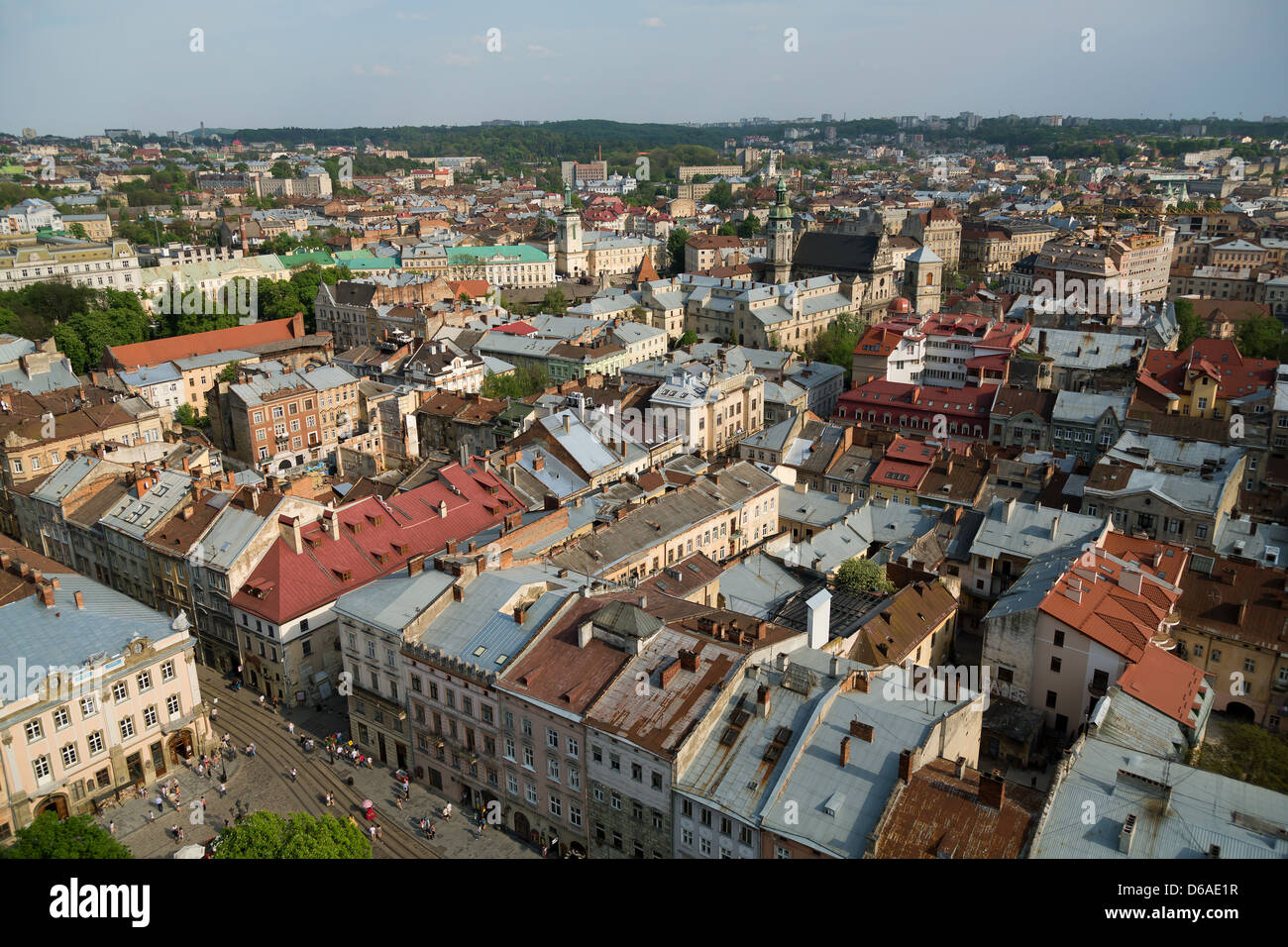 Lviv, Ukraine, view from city hall tower on the square and the old town ...