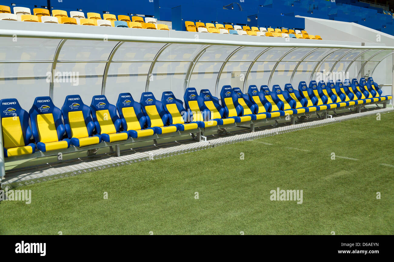 Lviv, Ukraine, team benches at the Arena Lviv, Spielstaette for the ...