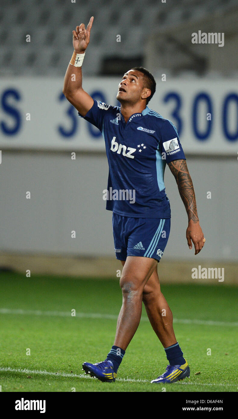 13.04.2013. Auckland, New Zealand. Frank Halai celebrates scoring the ...