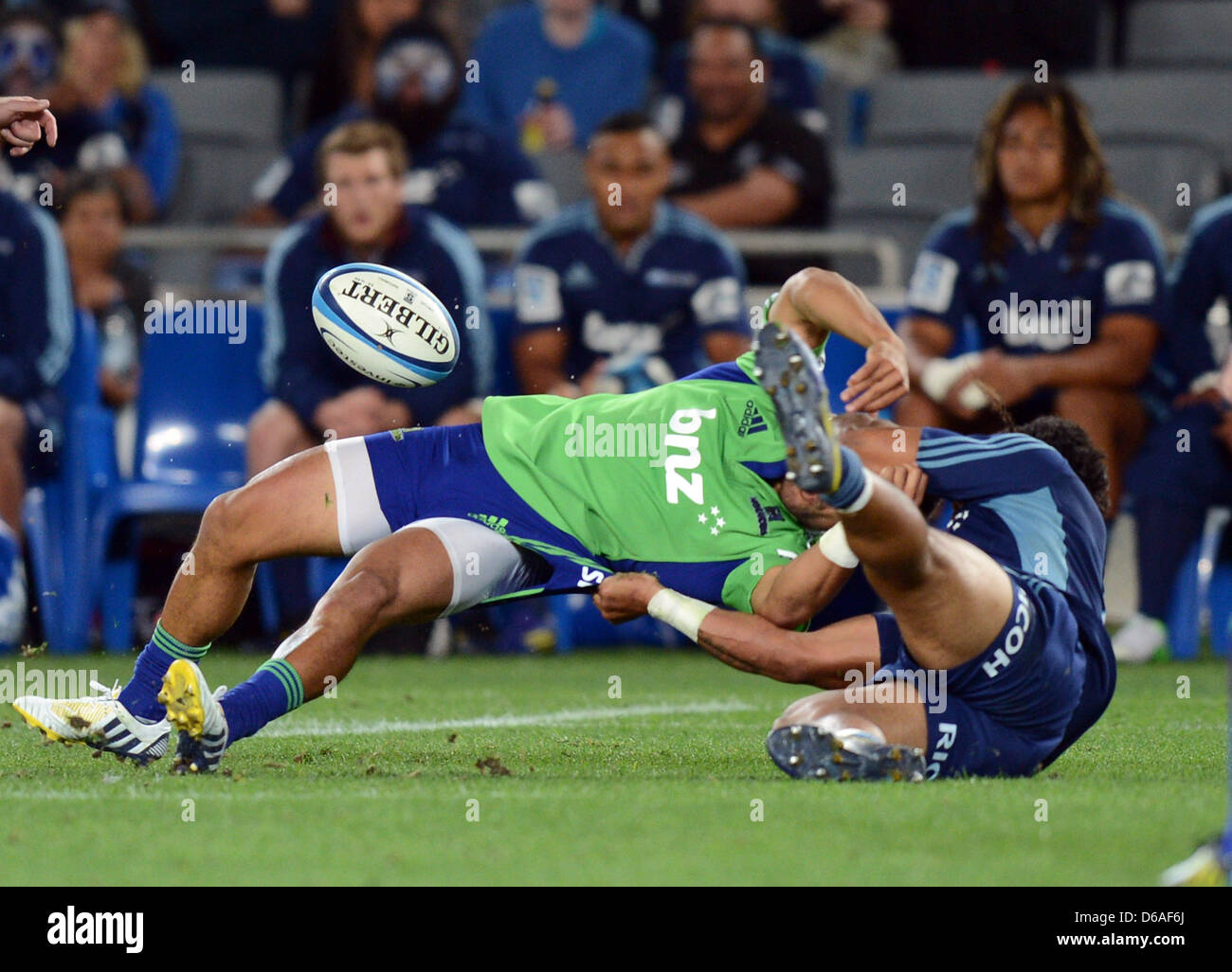 05.04.2013. Auckland, New Zealand. Blues winger George Moala hits ...