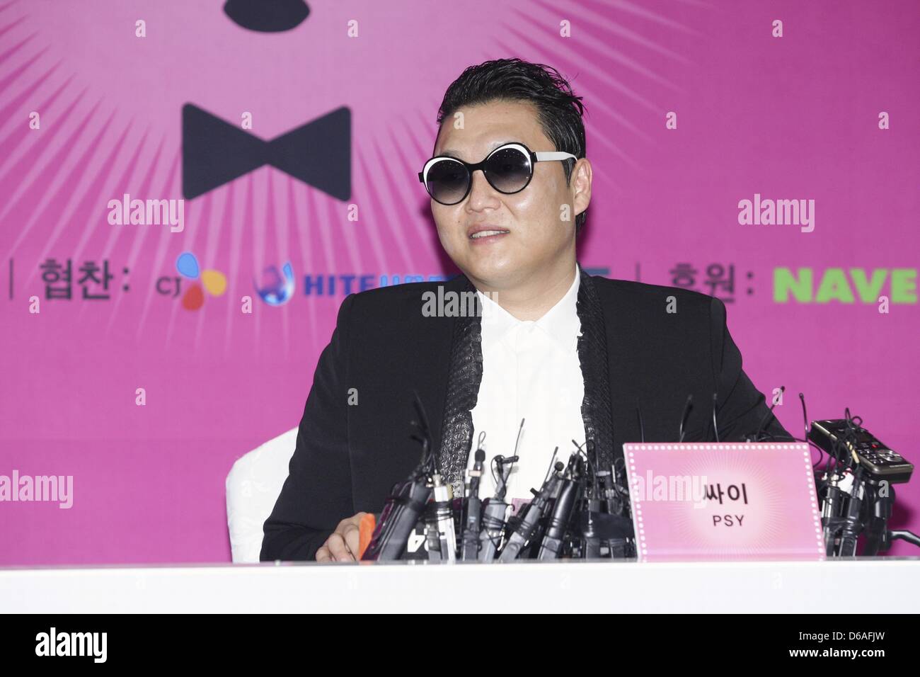 PSY at press conference of his concert Happening in Seoul, South Korea ...